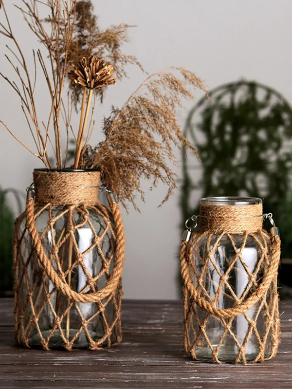 Rustic Hanging Glass Vase with Rope Net – Transparent Dry Flower Vase ...